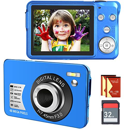 Digital Camera, Kids Camera for Teens Boys and Girls, 48MP 2.7K Digital Camera with 16X Digital Zoom, 32 GB SD Card and 2 Batteries Included (Blue)