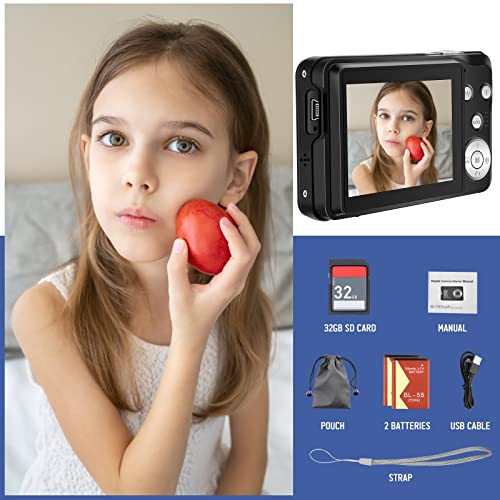 Digital Camera, Kids Camera for Teens Boys and Girls, 48MP 2.7K Digital Camera with 16X Digital Zoom, 32 GB SD Card and 2 Batteries Included (Blue)