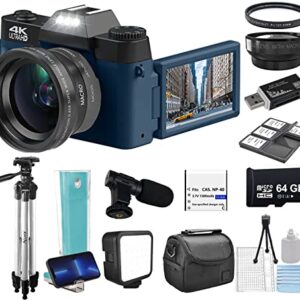 Acuvar 4K 48MP Digital Camera Kit for Photography, Vlogging Camera for YouTube with Flip Screen, WiFi, Wide Angle & Macro Lens, 64GB Micro SD Card, 50" Tripod, Case, Card Reader, Microphone, LED