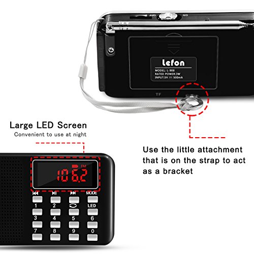 LEFON Mini Digital AM FM Radio Media Speaker MP3 Music Player Support TF Card/USB Disk with LED Screen Display and Emergency Flashlight Function (Black-Upgraded Version)