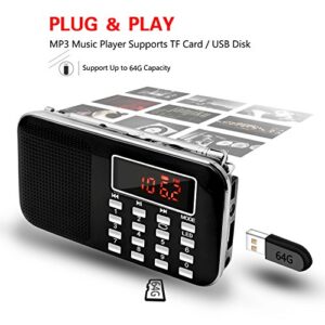 LEFON Mini Digital AM FM Radio Media Speaker MP3 Music Player Support TF Card/USB Disk with LED Screen Display and Emergency Flashlight Function (Black-Upgraded Version)