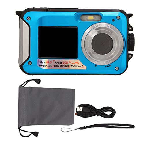 Digital Camera, FHD 2.7K 48MP Vlogging Camera with 16X Digital Zoom, Dual LCD Screen Rechargeable Battery, Waterproof Compact Kids Camera for Adults, Kids, Student, Teens (Blue)