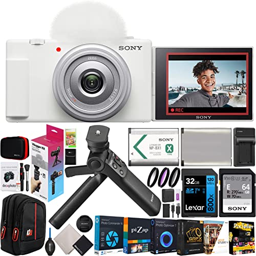 Sony ZV-1F Vlog Camera with 4K Video & 20.1MP for Content Creators and Vloggers White ZV-1F/W Bundle with ACCVC1 Kit Including GP-VPT2BT Tripod/Grip + Deco Gear Case + Extra Battery & Accessories