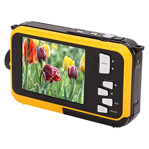 Digital Camera, FHD 2.7K 48MP Vlogging Camera with 16X Digital Zoom, Dual LCD Screen Rechargeable Battery, Waterproof Compact Kids Camera for Adults, Kids, Student, Teens (Yellow)