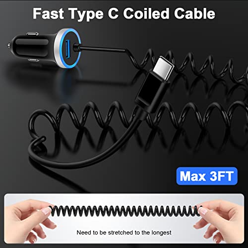 Fast Car Charger Type C Car Plug Android Phone USB C Car Charger Cigarette Lighter Adapter Fast Charging C Coiled Cable for Samsung Galaxy A13 5G/S22 Ultra/S21/S20/S10/A03s/A11/A12/A21/A32/A51/A52/A53