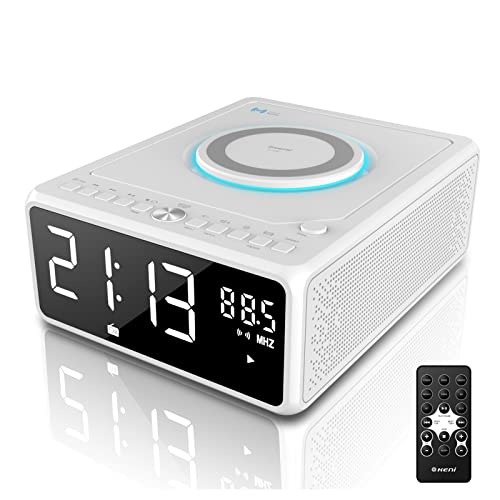 G Keni CD Player Dual Alarm Clock Radio, Bluetooth Boombox with Remote, 10W Fast Wireless Charging, Digital FM Radio, MP3/USB Music Player, Snooze & Sleep Timer, Dimmable Mirror LED Display for Home