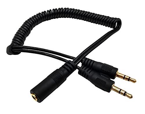 Qaoquda Stereo Audio Splitter Cable, Coiled 3.5mm Female to 2 Male Spring Headphone Stereo Y Splitter Cable for Home/Car Stereo, Phone, Headset and Speakers (3.5mm 1female/2 Male)