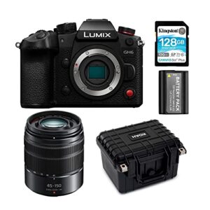 panasonic lumix gh6 mirrorless camera body bundle with panasonic h-fs45150ak lumix 45-150mm g vario asph mega ois, weatherproof hard case, 128gb sdxc memory card and lithium-ion battery pack (5 items)