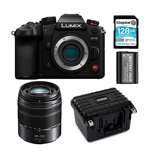 Panasonic LUMIX GH6 Mirrorless Camera Body Bundle with Panasonic H-FS45150AK LUMIX 45-150mm G Vario ASPH MEGA OIS, Weatherproof Hard Case, 128GB SDXC Memory Card and Lithium-Ion Battery Pack (5 Items)