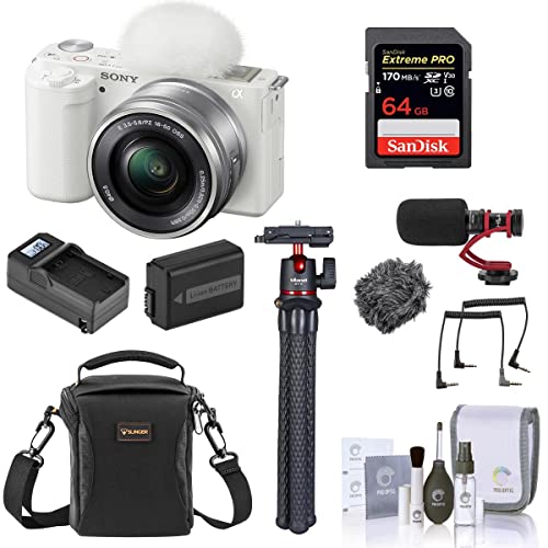 Sony ZV-E10 Mirrorless Camera with 16-50mm Lens, White Bundle with 64GB SD Card, Shoulder Bag, On-Camera Microphone, Mini Tripod, Extra Battery, Charger, 40.5mm Filter Kit, Cleaning Kit