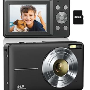 Digital Camera for Kids, Lecran 1080P 44MP Kids Camera with 32GB Card Point and Shoot Camera with 16X Zoom, Compact Portable Cameras Christmas Birthday Gift for Children Kids Teens Girl Boy(Black)