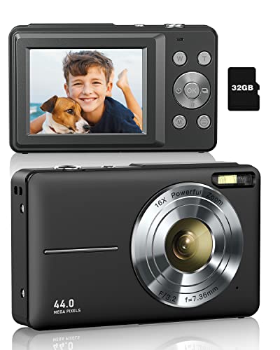 Digital Camera for Kids, Lecran 1080P 44MP Kids Camera with 32GB Card Point and Shoot Camera with 16X Zoom, Compact Portable Cameras Christmas Birthday Gift for Children Kids Teens Girl Boy(Black)