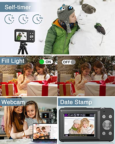 Digital Camera for Kids, Lecran 1080P 44MP Kids Camera with 32GB Card Point and Shoot Camera with 16X Zoom, Compact Portable Cameras Christmas Birthday Gift for Children Kids Teens Girl Boy(Black)