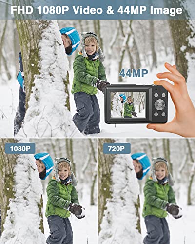 Digital Camera for Kids, Lecran 1080P 44MP Kids Camera with 32GB Card Point and Shoot Camera with 16X Zoom, Compact Portable Cameras Christmas Birthday Gift for Children Kids Teens Girl Boy(Black)