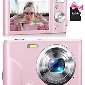 Digital Camera, Zostuic 48MP Autofocus Kids Camera with 32GB Card 1080P Video Camera with 16X Zoom, Compact Portable Small Cameras Christmas Birthday Gift for Children Kid Teen Student Girl Boy(Pink)