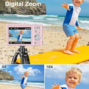 Digital Camera, Zostuic 48MP Autofocus Kids Camera with 32GB Card 1080P Video Camera with 16X Zoom, Compact Portable Small Cameras Christmas Birthday Gift for Children Kid Teen Student Girl Boy(Pink)