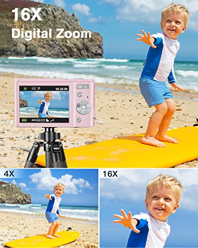 Digital Camera, Zostuic 48MP Autofocus Kids Camera with 32GB Card 1080P Video Camera with 16X Zoom, Compact Portable Small Cameras Christmas Birthday Gift for Children Kid Teen Student Girl Boy(Pink)