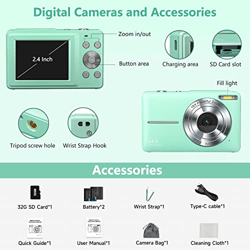 Digital Camera with SD Memory Card Autofocus Anti-Shake, 44MP 1080P Photography Camera for Kids Teens Birthday, 16X Zoom Small Portable Vlogging Camera for Boy Girl Video(2 Batteries)