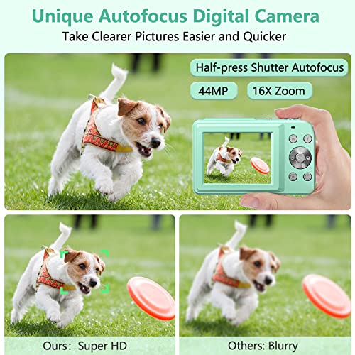 Digital Camera with SD Memory Card Autofocus Anti-Shake, 44MP 1080P Photography Camera for Kids Teens Birthday, 16X Zoom Small Portable Vlogging Camera for Boy Girl Video(2 Batteries)