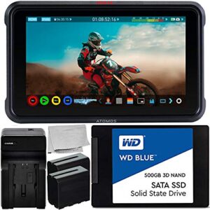 atomos ninja v 5″ 4k hdmi recording monitor with wd blue 500gb sata ssd essential bundle – includes: 2x rechargeable lithium-ion battery + battery charger + microfiber cleaning cloth