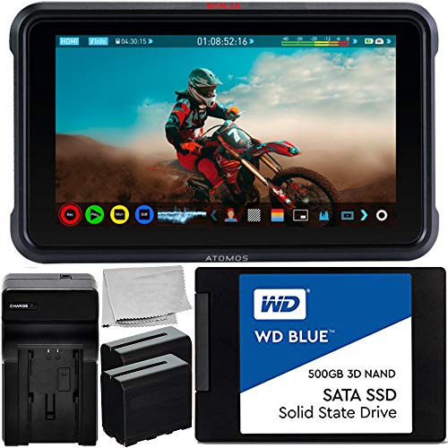 Atomos Ninja V 5" 4K HDMI Recording Monitor with WD Blue 500GB Sata SSD Essential Bundle – Includes: 2X Rechargeable Lithium-Ion Battery + Battery Charger + Microfiber Cleaning Cloth