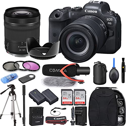 Camera Bundle for Canon EOS R6 Mirrorless Camera with RF 24-105mm f/4-7.1 is STM Lens, Extra Battery, Pro Microphone + Accessories Kit (Renewed)