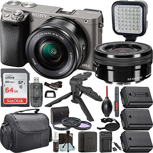 Camera Bundle for Sony a6000 Mirrorless Camera Grey with E PZ 16-50mm f/3.5-5.6 OSS Lens and Accessories Package (64GB, LED Light, and More)