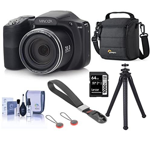 Minolta M35Z 20MP 1080p HD Bridge Digital Camera with 35x Optical Zoom, Black - Bundle with 64GB SDXC Card, Camera Case, Peak Camera Cuff Wrist Strap, FotoPro UFO 2 Flexible Tripod, Cleaning Kit