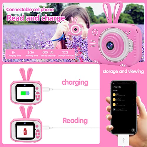 YUE3000 Upgrade Kids Camera, Front and Rear Camera Digital Cameras, 2.0 -inch Screen 32GB SD Card-Pink