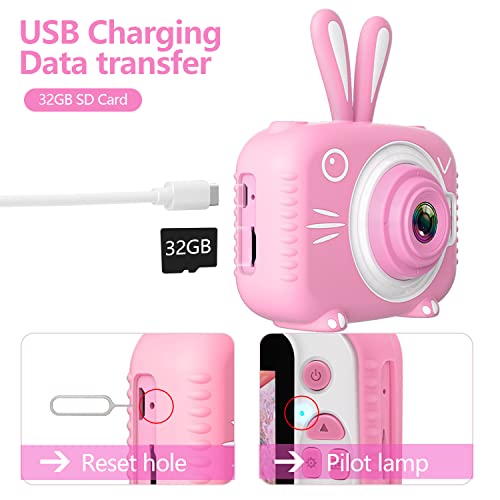 YUE3000 Upgrade Kids Camera, Front and Rear Camera Digital Cameras, 2.0 -inch Screen 32GB SD Card-Pink