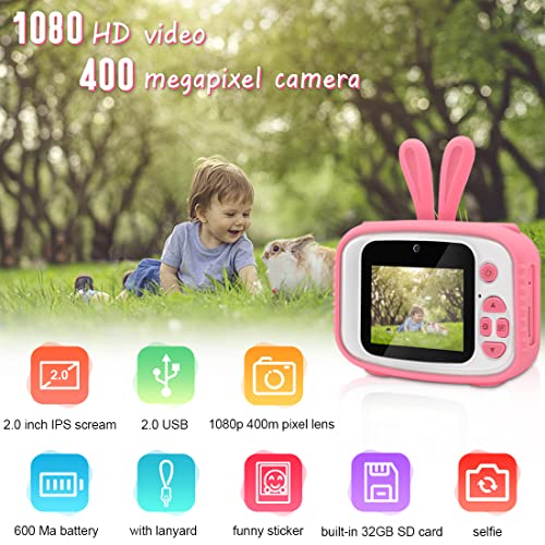 YUE3000 Upgrade Kids Camera, Front and Rear Camera Digital Cameras, 2.0 -inch Screen 32GB SD Card-Pink