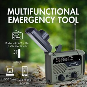 Tenergy Multifunctional Hand Crank Weather Radio with LED Flashlights, SOS Alarm, Cell Phone Charger, AM/FM/NOAA Radio Frequencies, Ideal for Emergencies