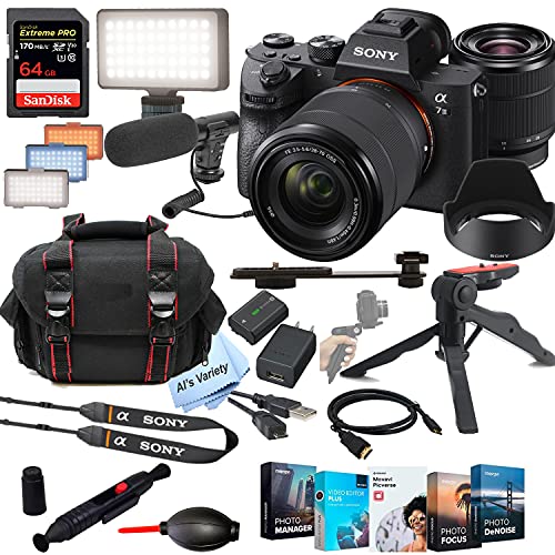 Sony Alpha a7 III Mirrorless Digital Camera with 28-70mm Lens + Shot-Gun Microphone + LED Always on Light+ 64GB Extreme Speed Card, Gripod, Case, and More (26pc Video Bundle)