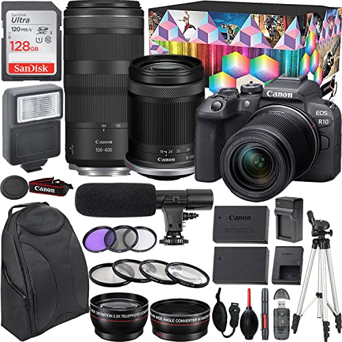 Camera Bundle for Canon EOS R10 Mirrorless Camera with RF-S 18-150mm f/3.5-6.3 is STM and RF 100-400mm f/5.6-8 is USM Lens + Shotgun Microphone with Video Kit Accessories (128GB, Flash, and More)