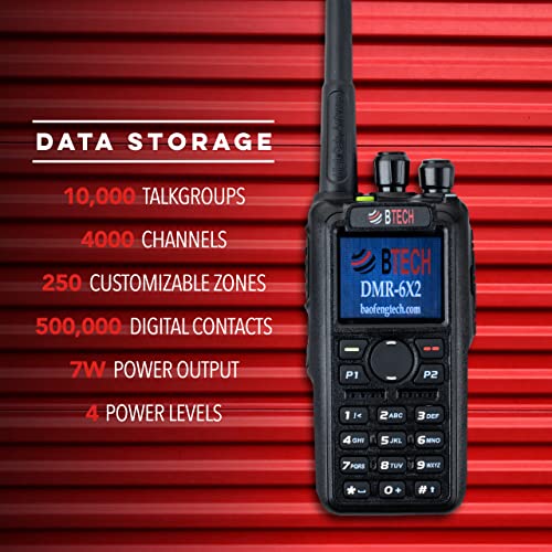 BTECH DMR-6X2 PRO Digital DMR and Analog 7-Watt Dual Band Two-Way Radio (136-174MHz VHF & 400-480MHz UHF). Supports Bluetooth, APRS, GPS, Roaming, AES256 Encryption, Recording, and More