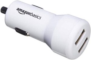 amazonbasics dual-port usb car charger adapter for apple and android devices, 4.8 amp, 24w, white