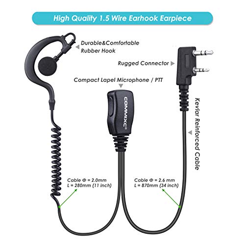 COMMIXC 2-Pack Walkie Talkie Earpiece, 3.5mm/2.5mm 2-Pin G Shape Walkie Talkie Headset with PTT Mic, Compatible with Kenwood Bao Feng Two-Way Radios