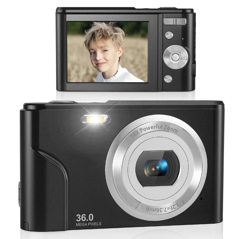 Digital Camera, Lecran Kids Camera FHD 1080P 36.0 Mega Pixels Vlogging Camera with 16X Digital Zoom, LCD Screen, Compact Portable Mini Cameras for Teens, Beginners, Students, Kids (Black)