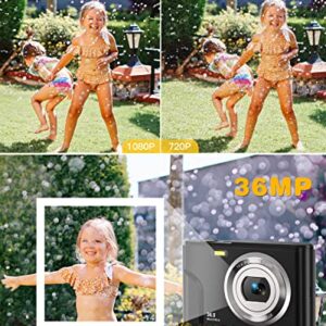 Digital Camera, Lecran Kids Camera FHD 1080P 36.0 Mega Pixels Vlogging Camera with 16X Digital Zoom, LCD Screen, Compact Portable Mini Cameras for Teens, Beginners, Students, Kids (Black)