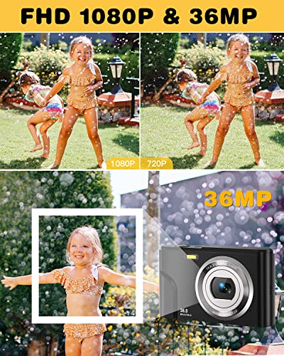 Digital Camera, Lecran Kids Camera FHD 1080P 36.0 Mega Pixels Vlogging Camera with 16X Digital Zoom, LCD Screen, Compact Portable Mini Cameras for Teens, Beginners, Students, Kids (Black)