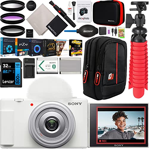 Sony ZV-1F Vlog Camera with 4K Video & 20.1MP for Content Creators and Vloggers White ZV-1F/W Bundle with Deco Gear Case + Extra Battery + Filter Kit + Photo Video Software & Photography Accessories