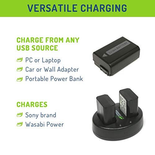 NP-FW50 Wasabi Power Camera Battery (3-Pack) & Dual USB Charger for Sony ZV-E10, Alpha a6000, a6300, a6400, a6500, a7, a7 II, a7R, a7R II, a7S, a7S II, RX10 II, III, IV Battery 1300mAh Micro USB Input