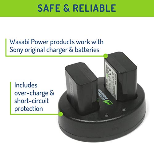 NP-FW50 Wasabi Power Camera Battery (3-Pack) & Dual USB Charger for Sony ZV-E10, Alpha a6000, a6300, a6400, a6500, a7, a7 II, a7R, a7R II, a7S, a7S II, RX10 II, III, IV Battery 1300mAh Micro USB Input