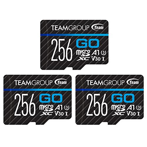 TEAMGROUP GO Card 256GB x 3 PACK Micro SDXC UHS-I U3 V30 4K for GoPro & Drone & Action Cameras High Speed Flash Memory Card with Adapter for Outdoor Sports, 4K Shooting, Nintendo-Switch TGUSDX256GU362