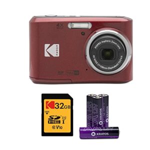 kodak pixpro fz45 digital camera (red) bundle with 32gb class 10 uhs-i u1 sdhc memory card and aa high-performance alkaline batteries (4-pack) (3 items)