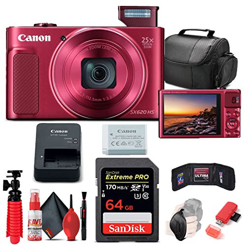 Canon PowerShot SX620 HS Digital Camera (Red) (1073C001) + 64GB Memory Card + Card Reader + Deluxe Soft Bag + Flex Tripod + Hand Strap + Memory Wallet + Cleaning Kit (Renewed)