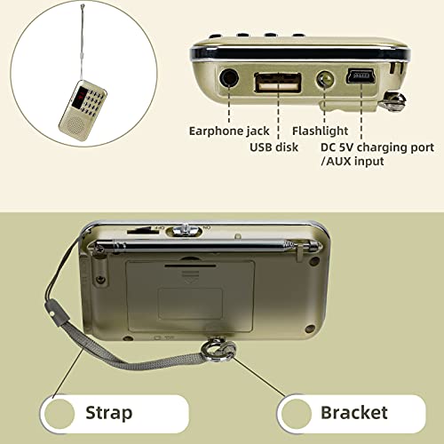 Retekess PR11 AM FM Radio Portable, Rechargeable Transistor Radios Small, with Headphone Jack MP3 Music Player Speaker Support Micro SD Card for Outdoor (Gold)