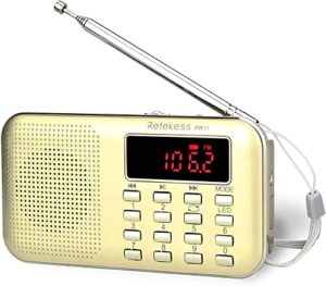 retekess pr11 am fm radio portable, rechargeable transistor radios small, with headphone jack mp3 music player speaker support micro sd card for outdoor (gold)