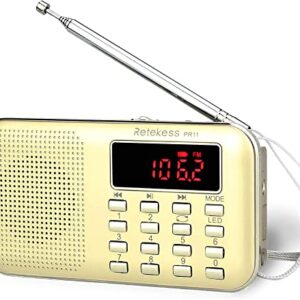 Retekess PR11 AM FM Radio Portable, Rechargeable Transistor Radios Small, with Headphone Jack MP3 Music Player Speaker Support Micro SD Card for Outdoor (Gold)