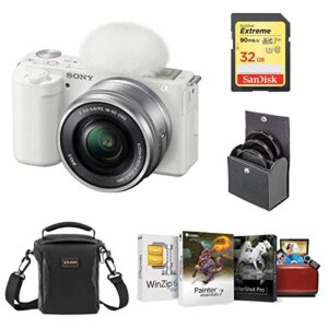 sony zv-e10 mirrorless camera with 16-50mm lens, white bundle with mac photo editing software suite, 32gb sd memory card, shoulder bag, 40.5mm filter kit